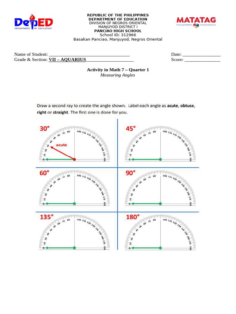 Math 7 Activity: Measuring Angles | PDF