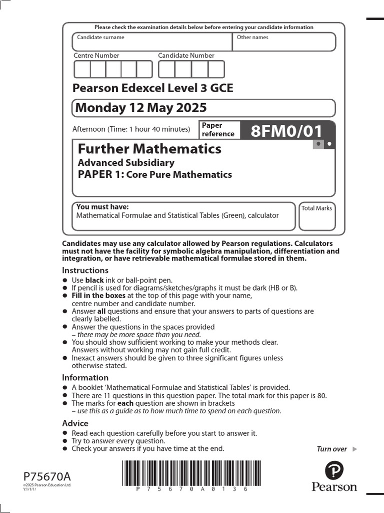 2506 8FM0-01 AS Core Pure Mathematics - June 2025 PDF | PDF ...
