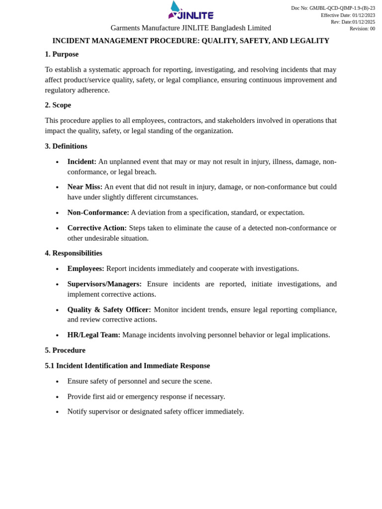 QA Incidence Management Procedure | PDF | Safety | Regulatory Compliance