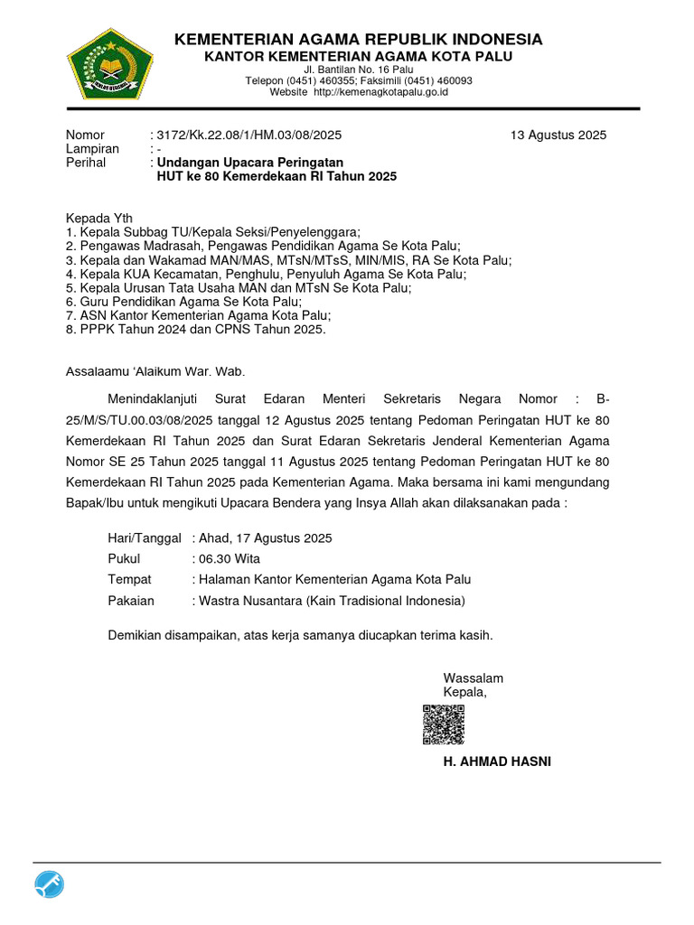 Undangan Upacara HUT RI ke-80 Palu | PDF