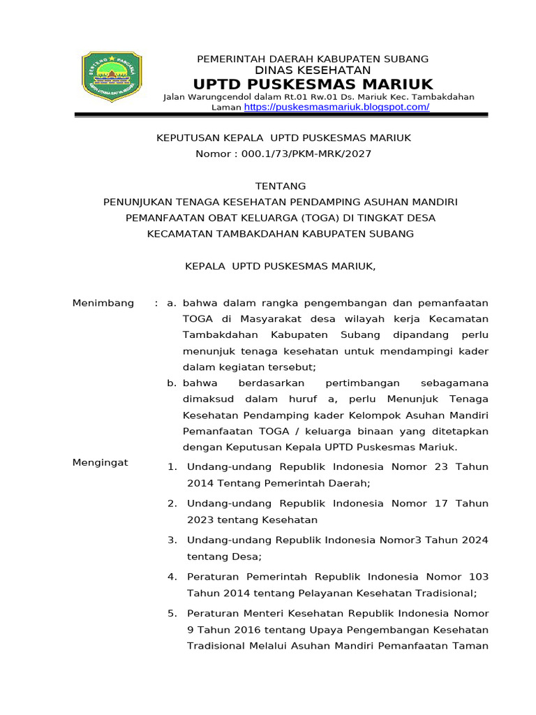 SK Asuhan Mandiri Toga PKM | PDF