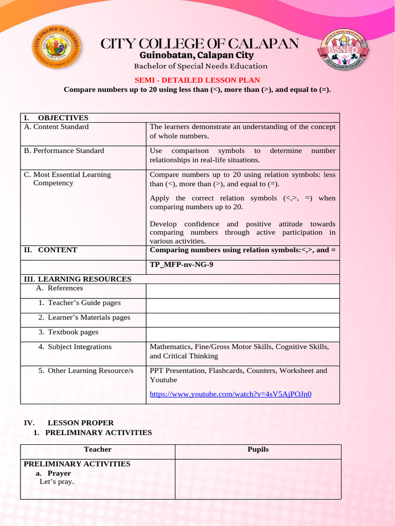 Comparing Numbers with Symbols Lesson Plan | PDF | Learning | Lesson Plan