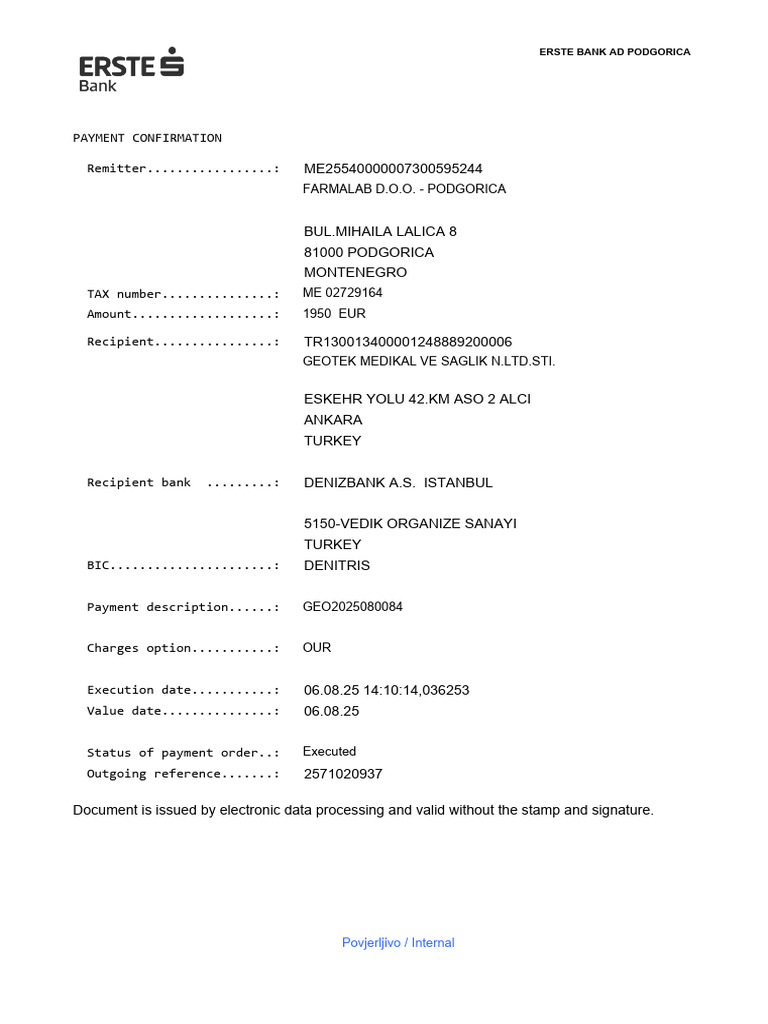 Payment Confirmation for Farmalab D.O.O. | PDF