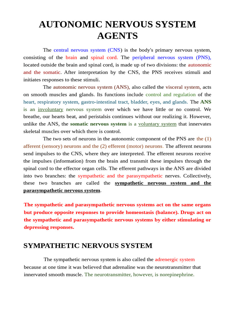 Autonomic Nervous System Agents | PDF | Autonomic Nervous System | Acetylcholine