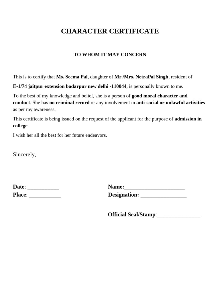 Character Certificate Format | PDF