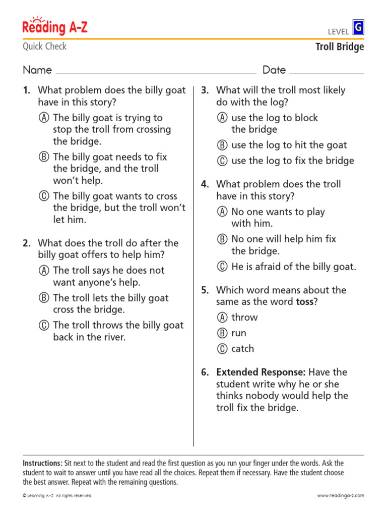 Troll Bridge Comprehension Questions | PDF | Reading Comprehension