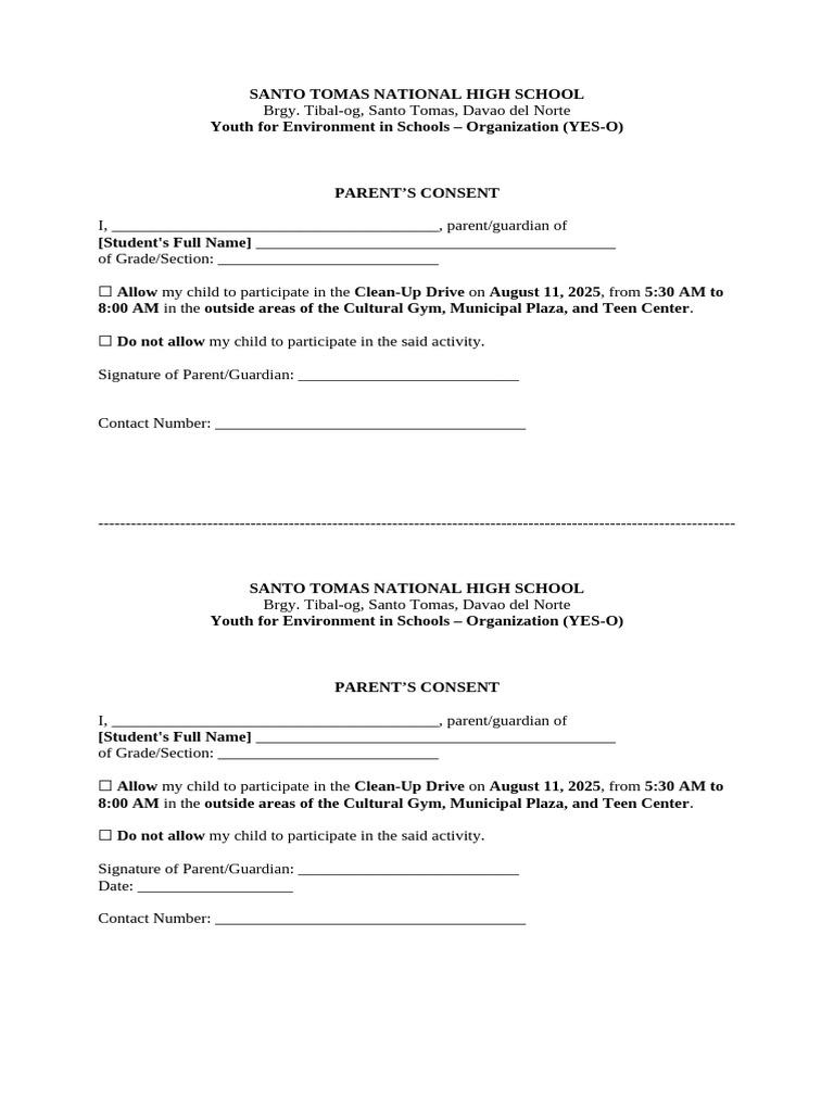 Clean Up Drive Parents Consent | PDF