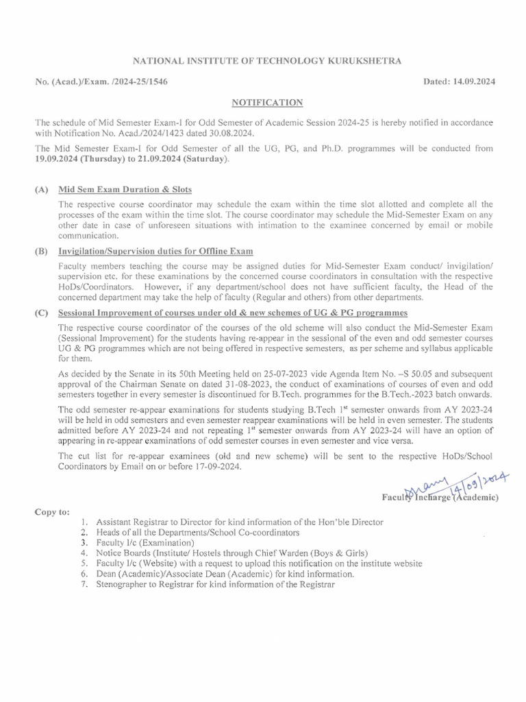 Revised Notification and Time Slots For Mid Semester Exam I For NovDec ...