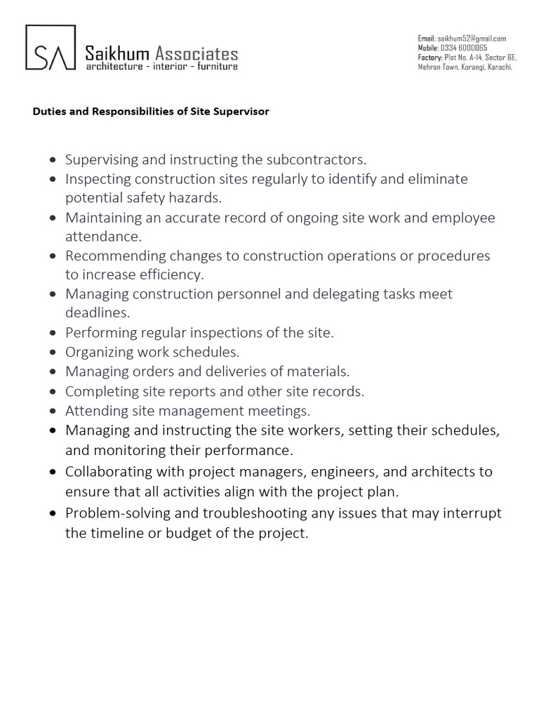 Site Supervisor Duties and Responsibilities | PDF