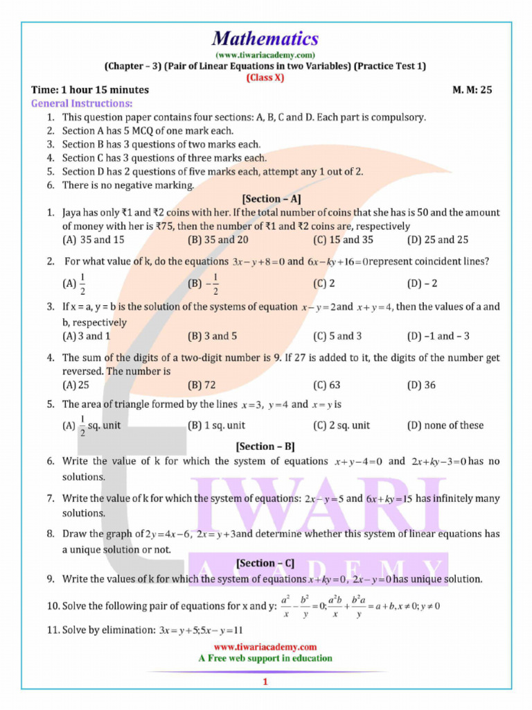 10 Maths Chapter 3 Practice Test 1 | PDF