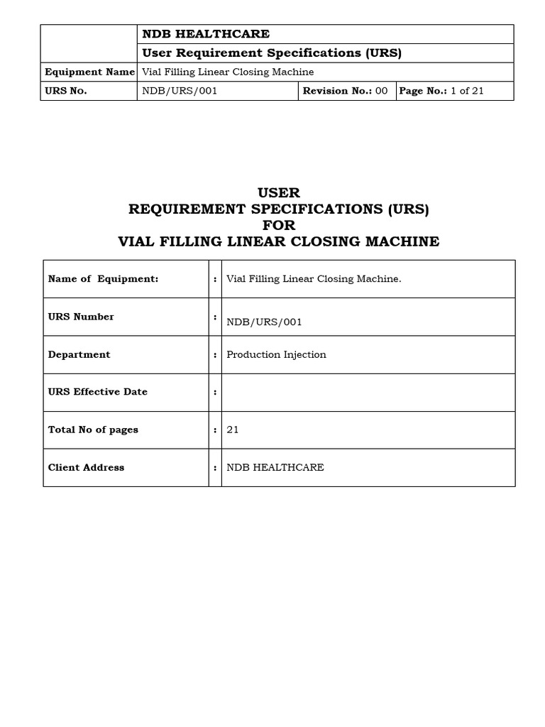 URS of Vial FIlling Machine | PDF | Specification (Technical Standard ...