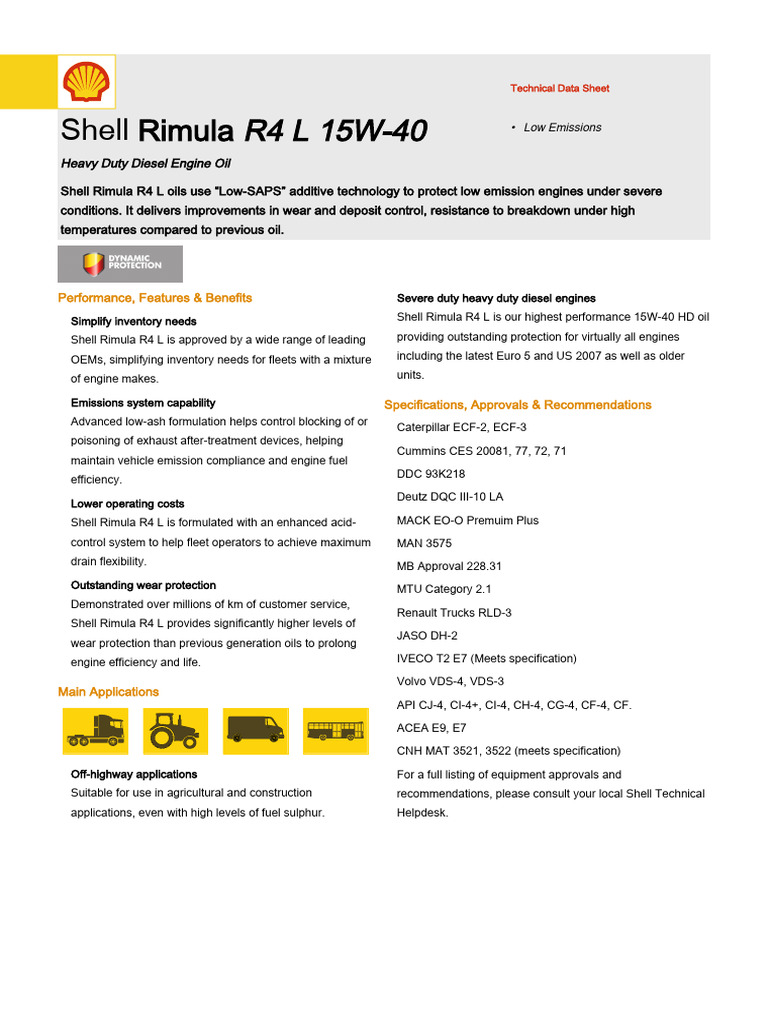 Shell Rimula r4 L 15W40 | PDF | Motor Oil