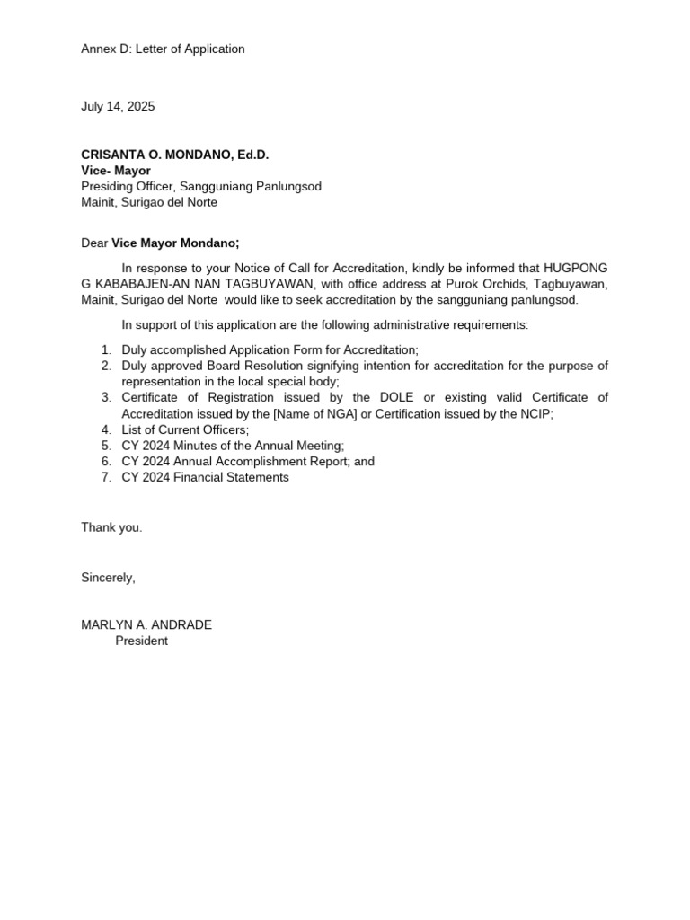 Annex D Letter of Application | PDF
