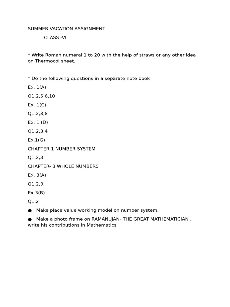 Class 6th Summer Vacation Assignment | PDF