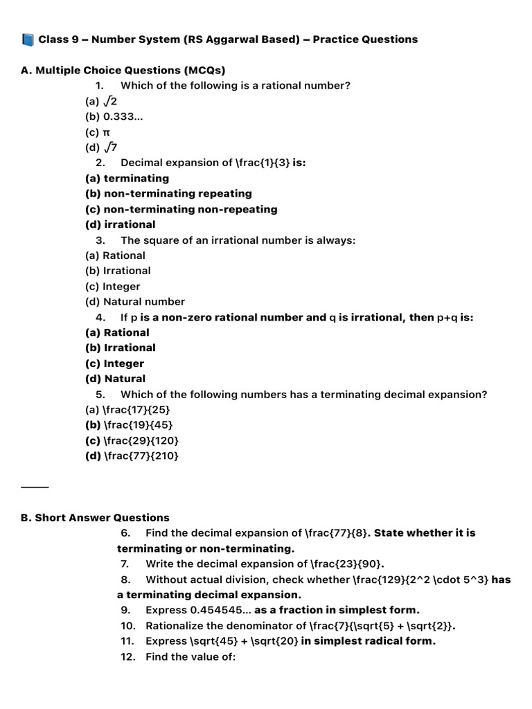 Class 9 Number System Worksheet | PDF | Numbers | Rational Number