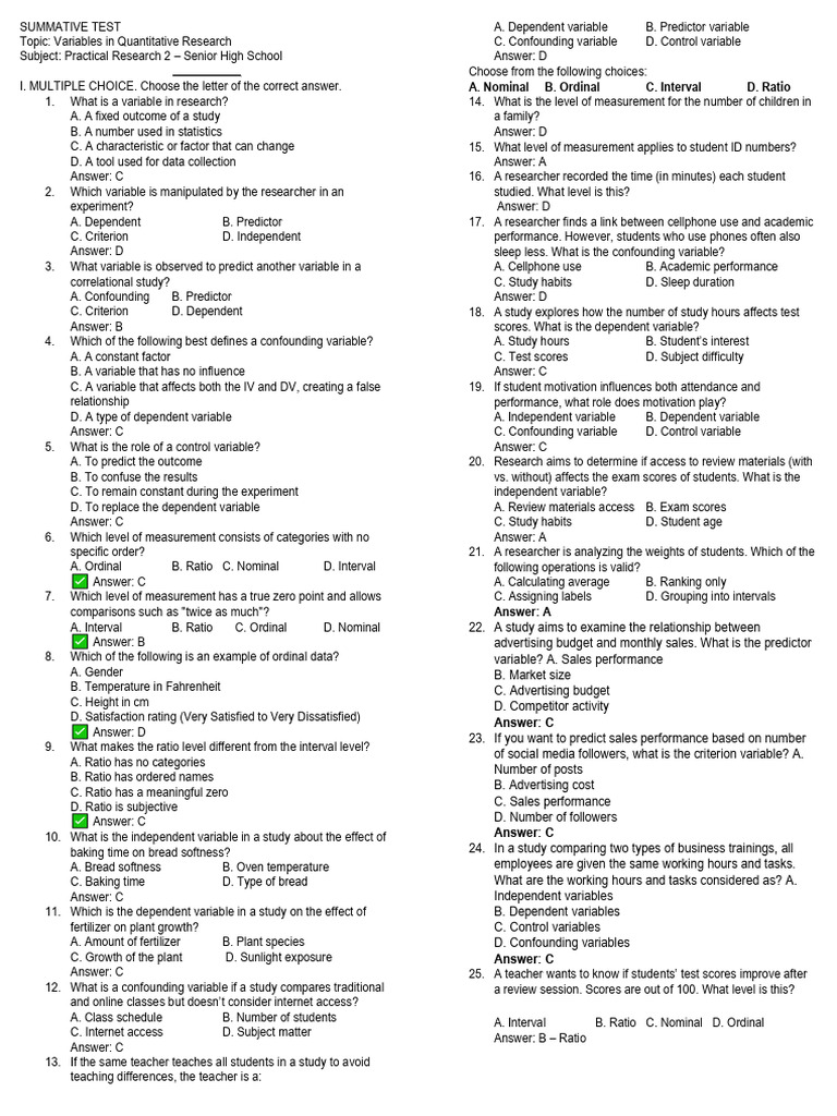 Summative Test 3 Variables | PDF | Level Of Measurement | Dependent And ...