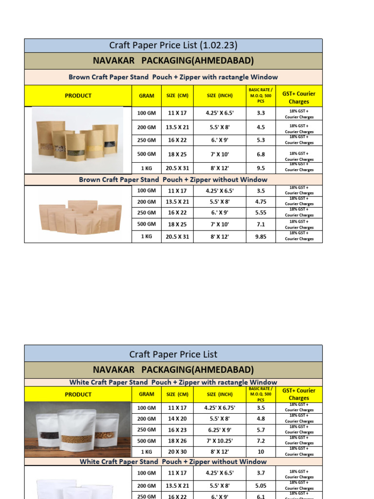 Craft Paper Price List - Navakar Packaging | PDF