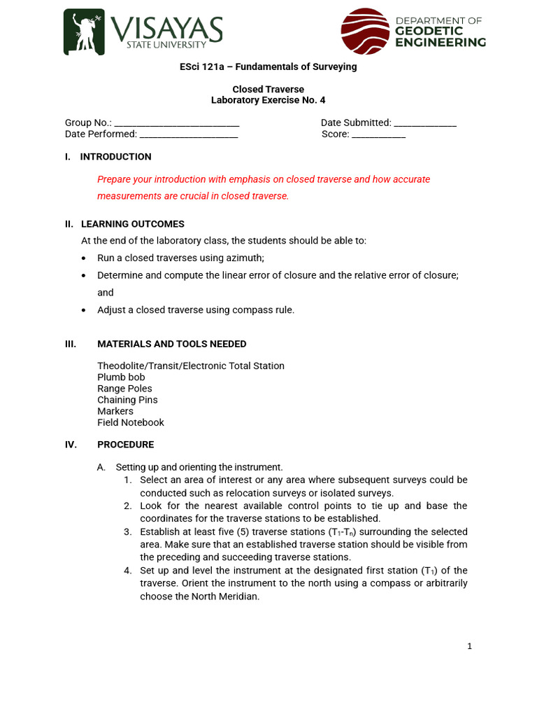 Closed Traverse Surveying Lab Guide | PDF | Surveying