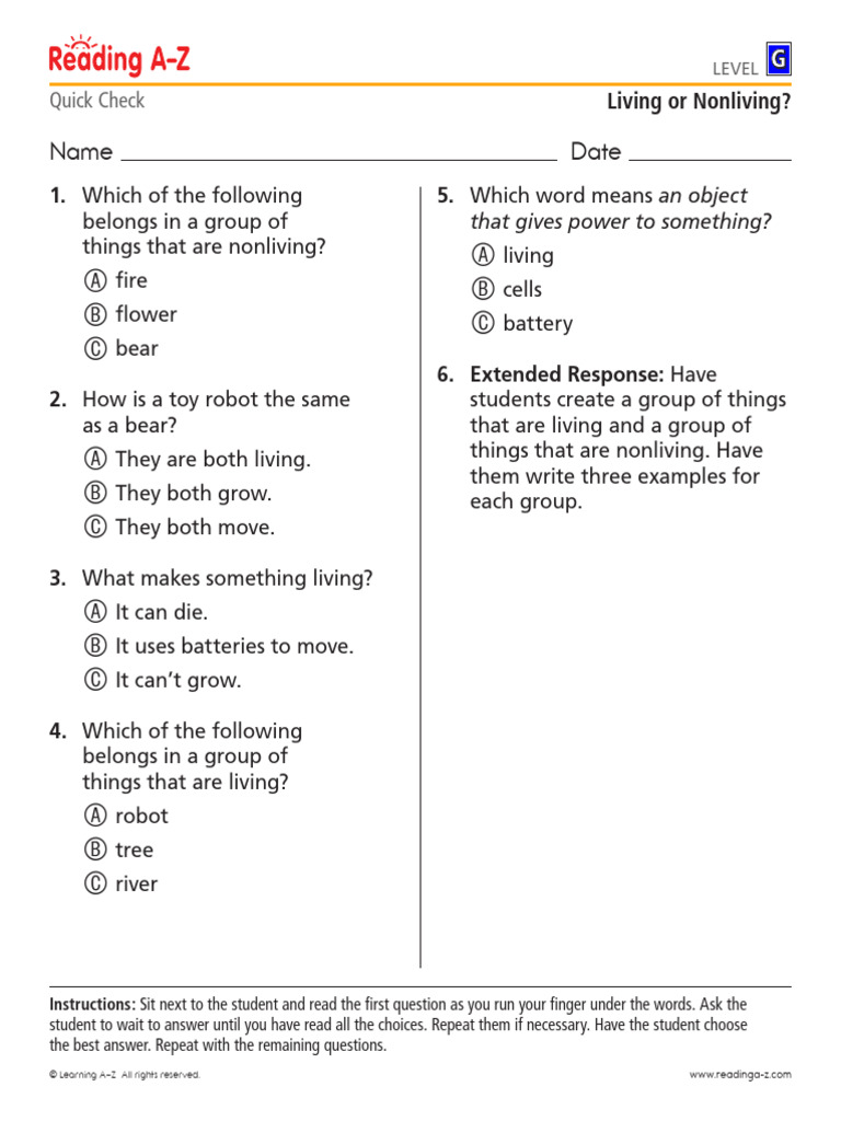 Living vs. Nonliving Quick Check Guide | PDF | Reading Comprehension ...