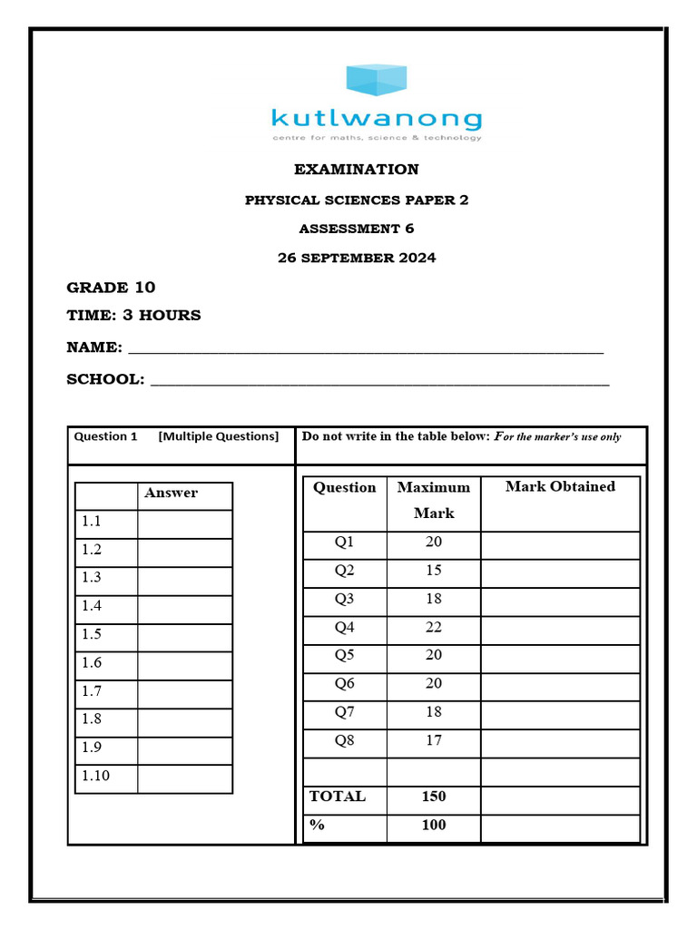 Grade 10 Physical Sciences Exam 2024 | PDF | Chemical Substances | Atoms