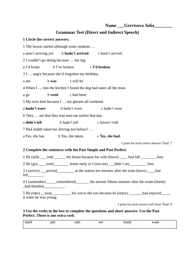 Direct and Indirect Speech Test | PDF