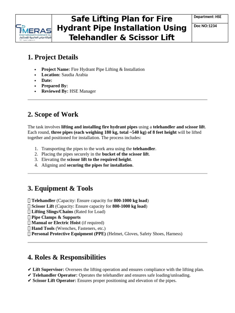 Telehandler Lift Plan for Hydrant Pipes | PDF | Elevator | Safety