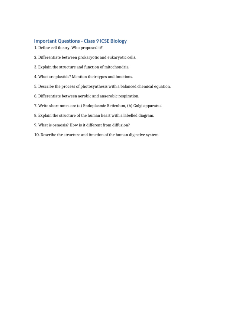 Class 9 ICSE Biology Key Questions | PDF
