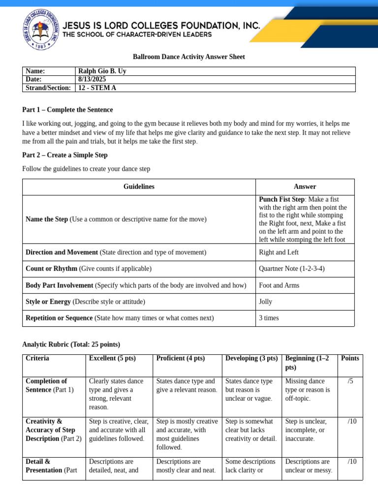 Ballroom Dance Activity Answer Sheet | PDF