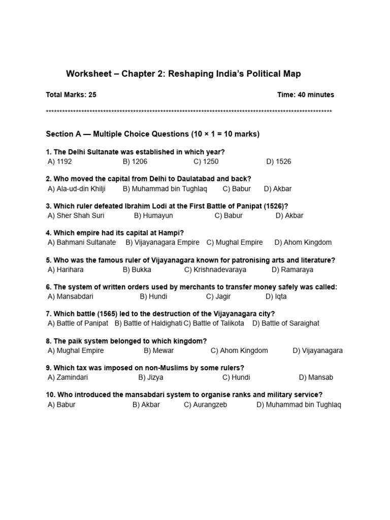 Worksheet - Chapter 2 - Reshaping India's Political Map | PDF | Mughal Empire