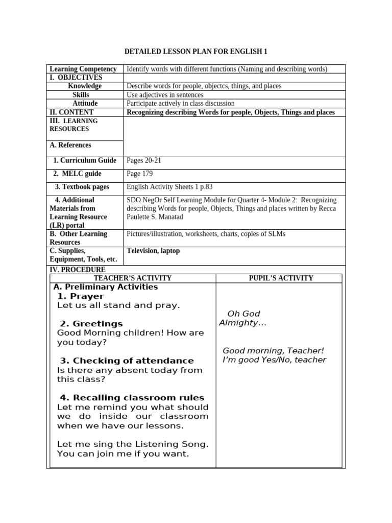 English 1 Lesson Plan: Describing Words | PDF | Lesson Plan | Education ...
