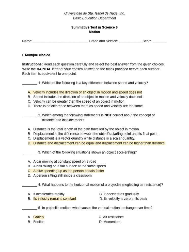 Summative Test Grade 9 Science | PDF | Velocity | Acceleration