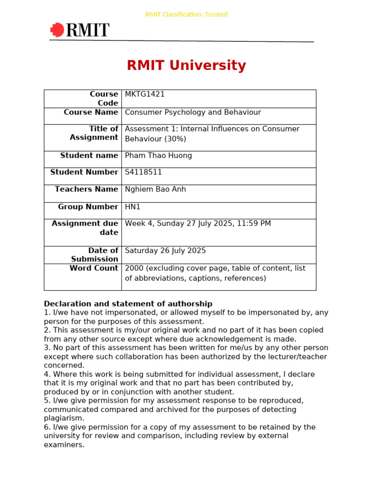 MKTG1421_Assignment Cover Sheet | PDF | Classical Conditioning | Sneakers