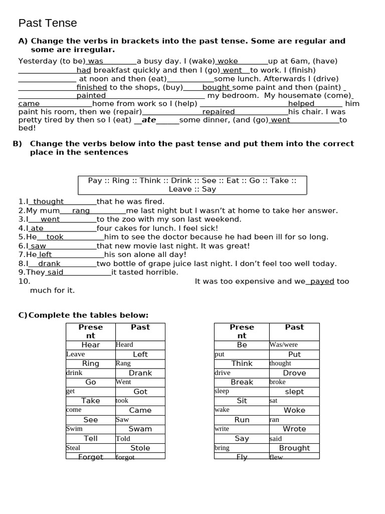 Past Tense Verb Exercises | PDF