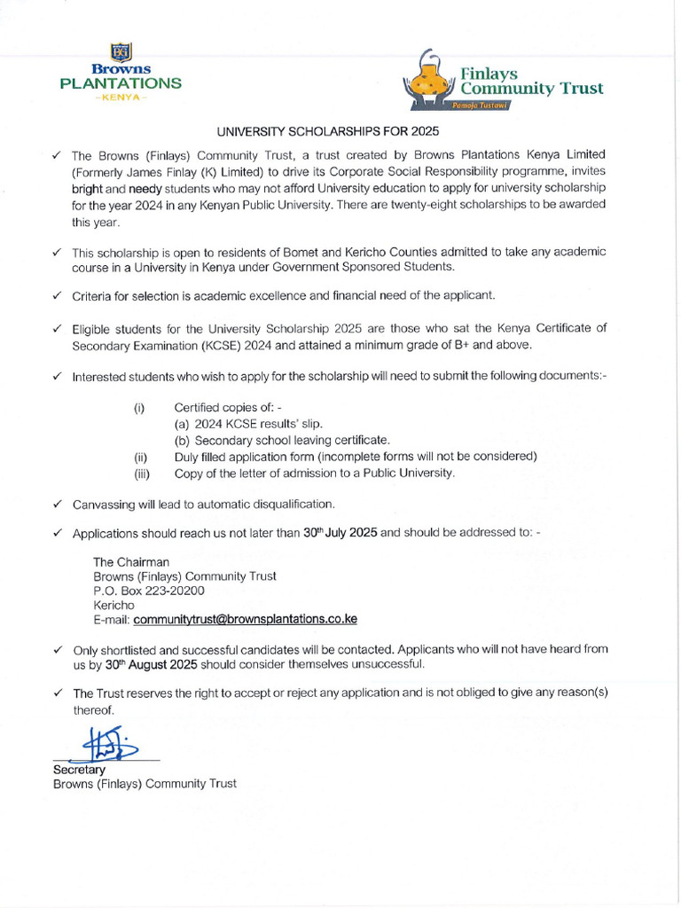 Browns (Finlays) Community Trust Undergraduate University Scholarship ...