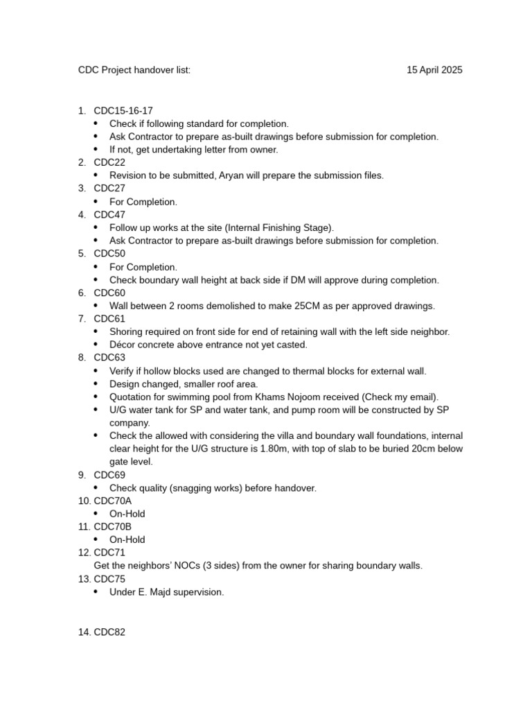 CDC Project Handover List | PDF