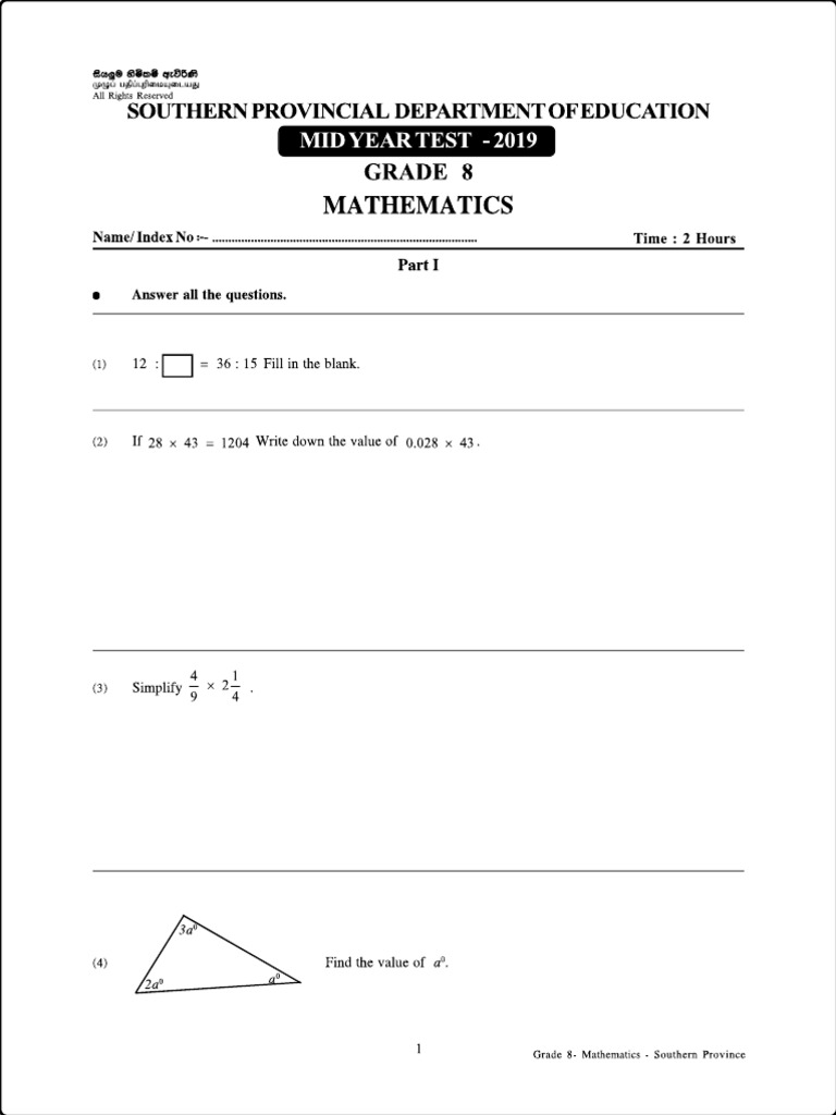 Grade 08 Mathematics 2nd Term Test Paper 2019 English Medium - Southern ...