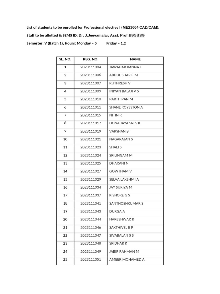ME23004 CAD/CAM Student Enrollment List | PDF