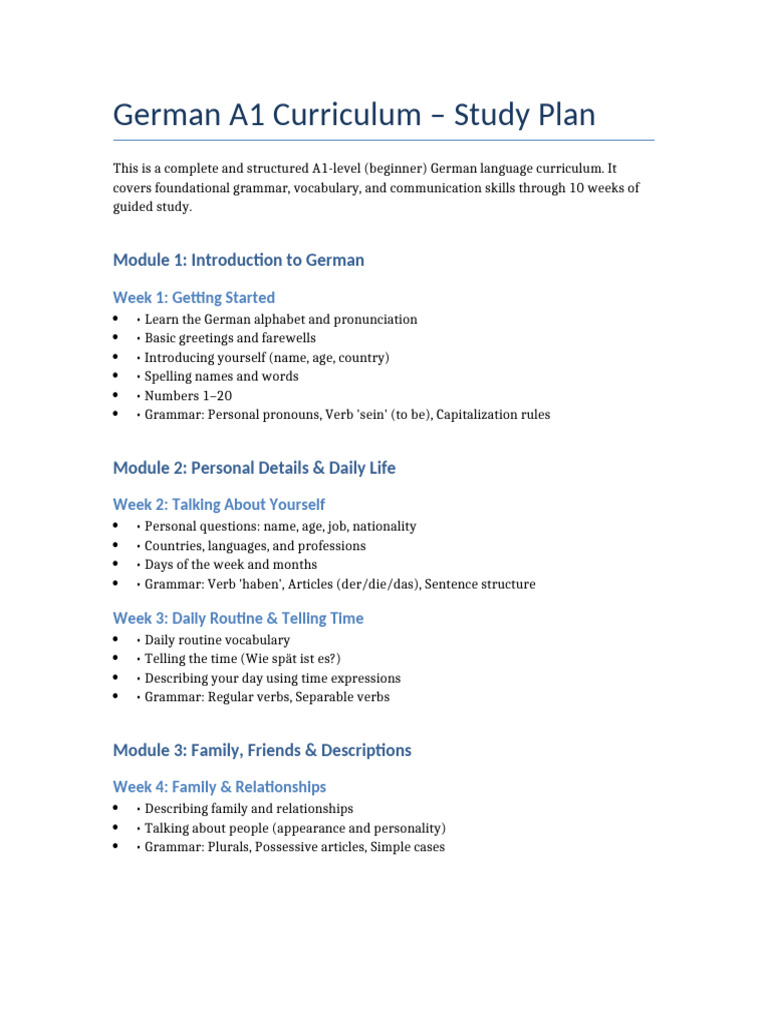 German A1 Beginner Study Plan | PDF | German Language | Linguistic ...