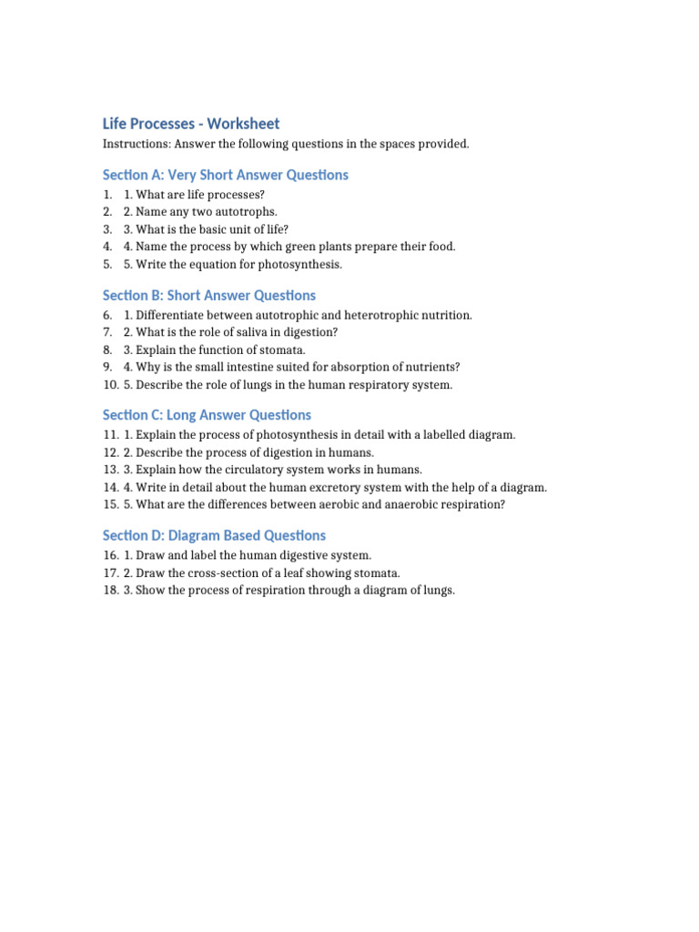Life Processes Worksheet | PDF