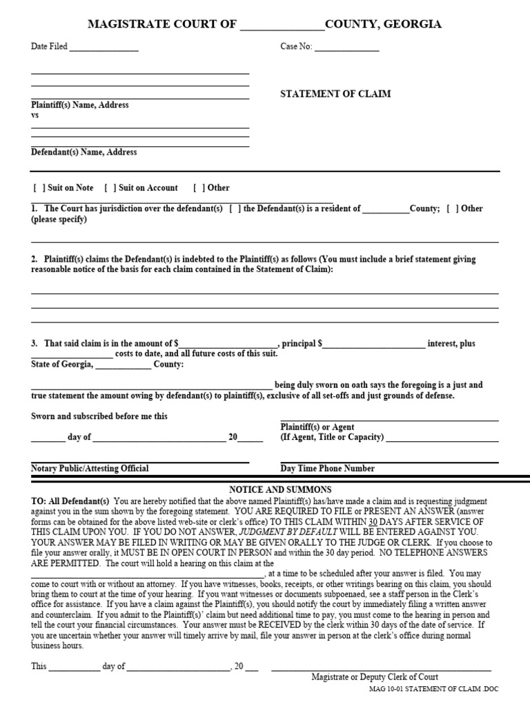 Georgia Magistrate Court Claim Form | PDF | Lawsuit | Separation Of Powers