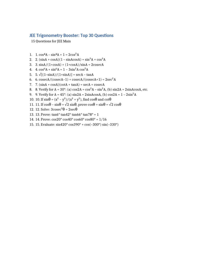 JEE Trigonometry: 30 Key Questions | PDF