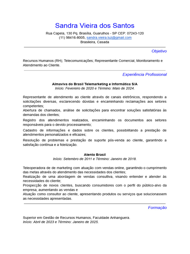 Curriculum Vitae - Sandra Vieira Dos Santos | PDF | Gestão de recursos ...