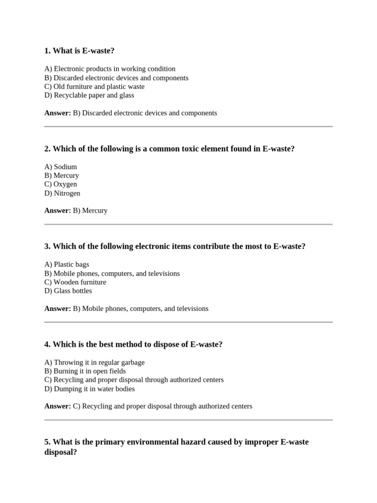 MCQ Questions On E Waste | PDF | Electronic Waste | Waste
