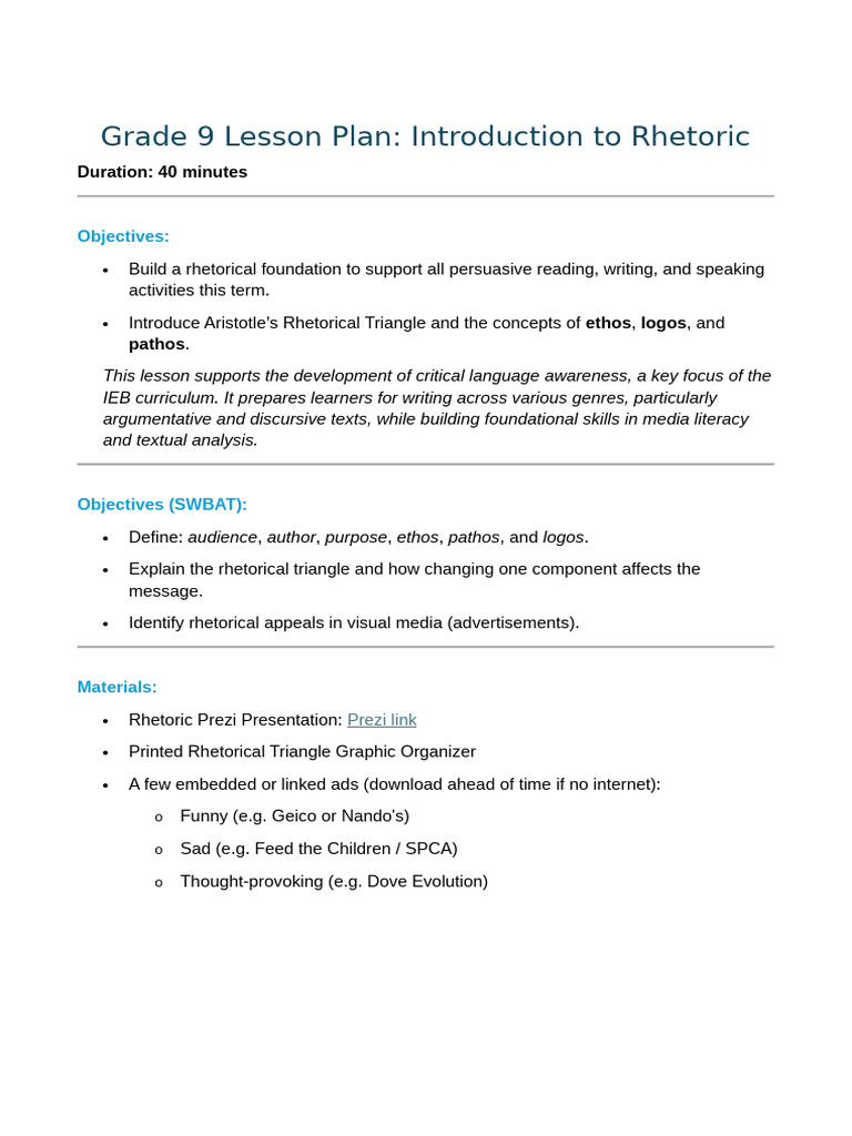 Grade 9 Rhetoric Lesson Plan Overview | PDF | Rhetoric | Logos