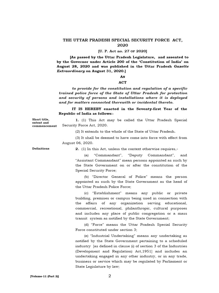 Up SSF Uttar Pradesh Special Security Force Act, 2020 | PDF | Arrest ...