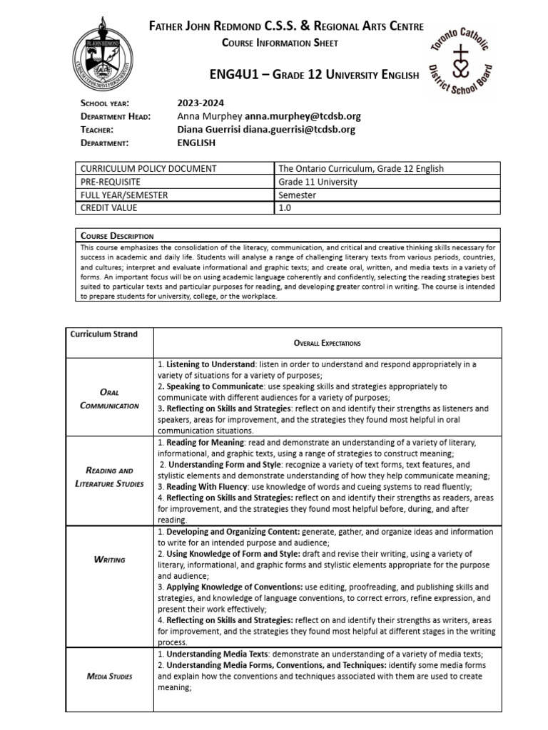 ENG4U1 Course Information Sheet | PDF | Knowledge | Communication