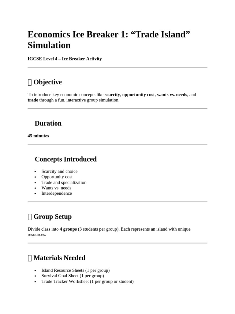 Economics Ice Breaker Activity For IG4 Name Trade Island Simulation | PDF