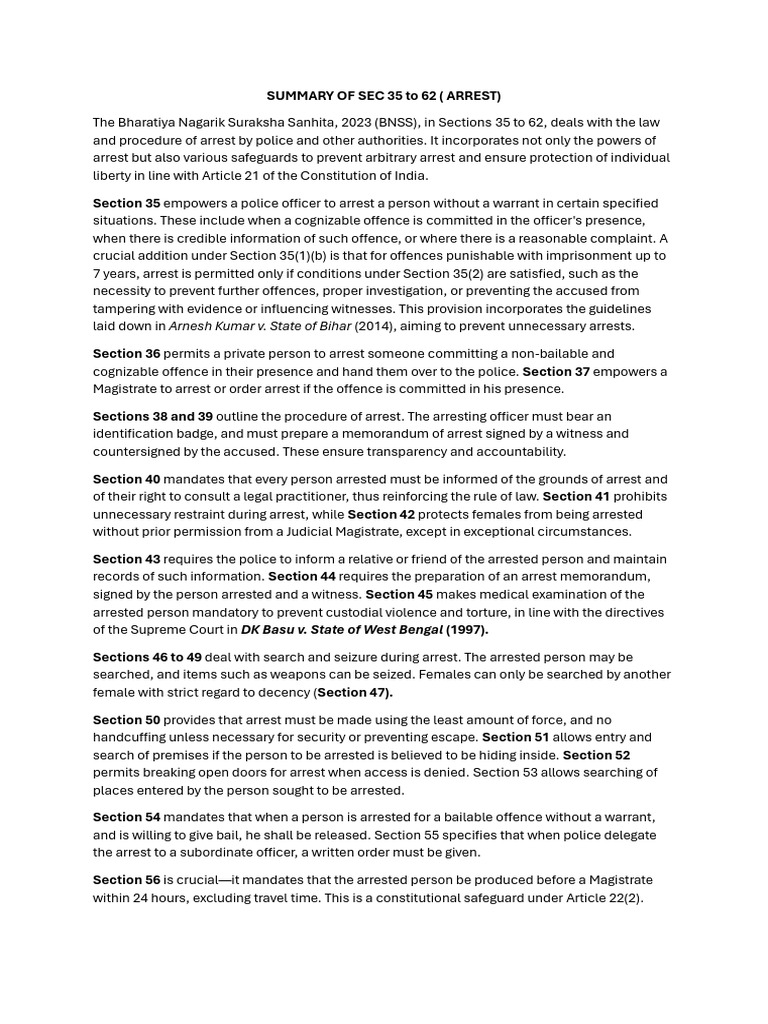 BNSS Arrest Procedures: Sections 35-62 | PDF | Arrest | Arrest Warrant