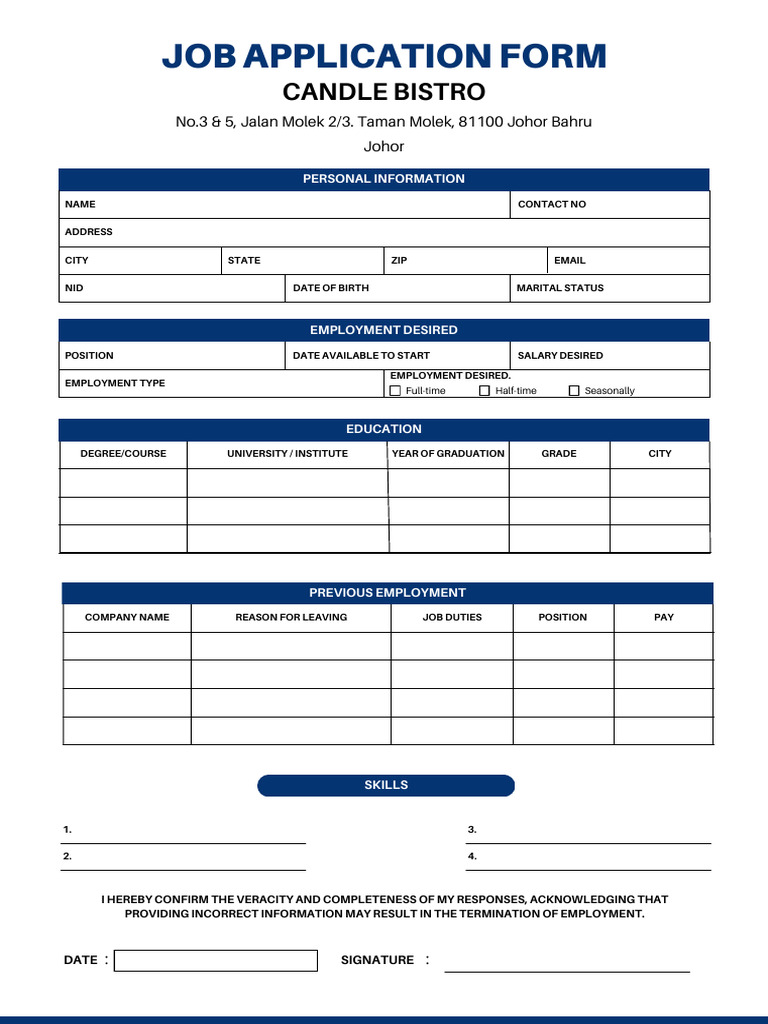 CANDLE BISTRO Job Application Form | PDF
