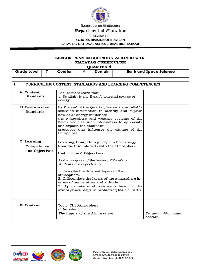 Science 7 Lesson Plan: Earth's Atmosphere | PDF | Atmosphere Of Earth ...